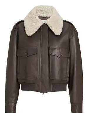 Brunello Cucinelli Nappa Leather Aviator Jacket With Shearling Collar - Brown