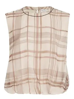 Brunello Cucinelli Sleeveless Silk Check Top - Beige