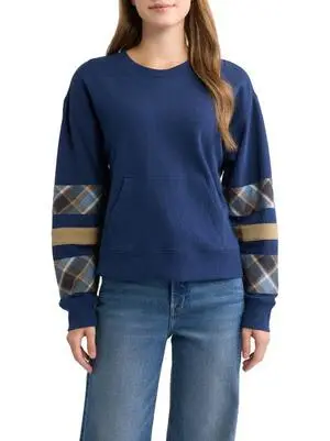 CITY BLUES Plaid Sleeve Crewneck Sweatshirt - Navy