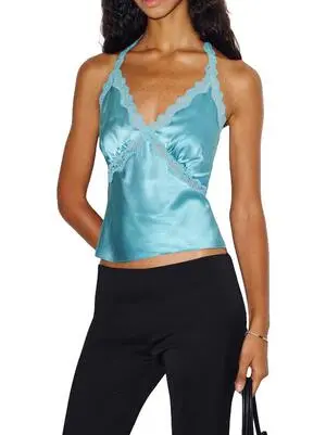 REFORMATION Monica Lace Trim Silk Halter Top - Siren