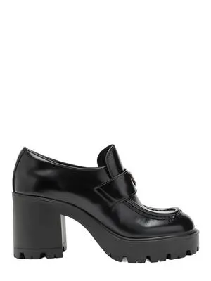 Prada Brushed Leather Heeled Loafers With Enamelled Triangle Logo - Black
