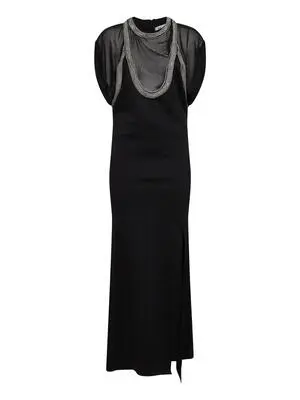 Attico Black Stretch Crepe Maxi Dress With Embellished Double Neckline - Multicolor