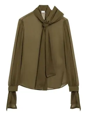 Saint Laurent Lavallière Blouse In Bronze Silk - Green