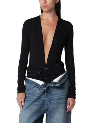 Andamane Deep Draped Neckline Stretch Jersey Bodysuit - Black