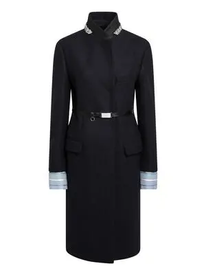 Prada Virgin Wool Coat With Embellished Collar And Belt - Blue
