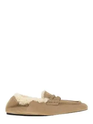 Miu Miu Beige Suede And Shearling Loafers - Brown