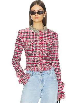 SELF-PORTRAIT Check Frayed Knit Jacket - Red