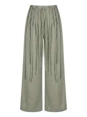 TAARACH & AMPERSAND Wide-leg Linen Trousers With Drawstring Detail - Green