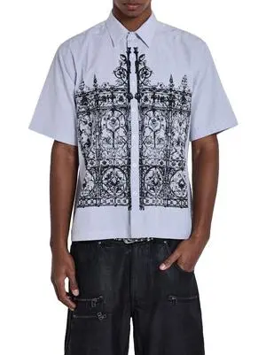 JADED LONDON Overprinted Pinstripe Short Sleeve Graphic Button-up Shirt - Grey