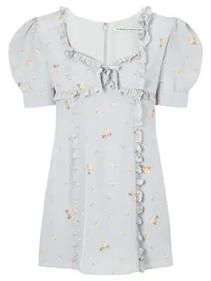 Alessandra Rich Floral-print Ruffle-trim Silk-crepe Mini Dress - Gray
