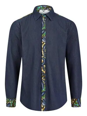 OHEMA OHENE Denim & African Print Cotton Shirt Floral - Green