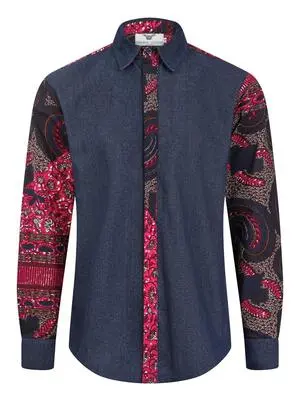 OHEMA OHENE Denim & African Print Cotton Shirt – Contrast Panel - Blue