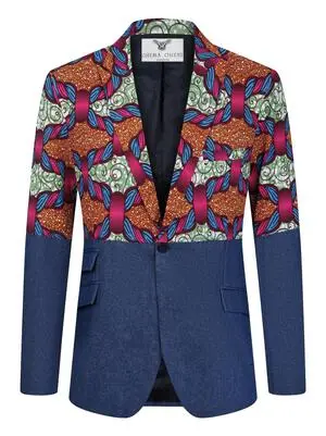OHEMA OHENE Denim & African Print Cotton Blazer – Split Panel - Blue