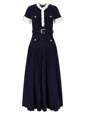 SELF-PORTRAIT Ribbed Midi Dress With Floral Appliqué And Belt - Blue