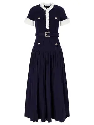 SELF-PORTRAIT Ribbed Midi Dress With Floral Appliqué And Belt - Navy