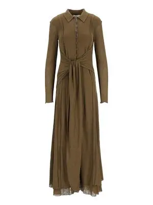 GANNI Long Sleeve Gauze Dress With Button Front - Green