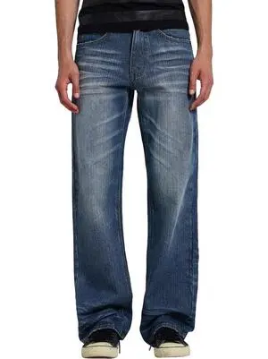 JADED LONDON Distressed Straight Leg Jeans With Faux Leather Panel - Denim