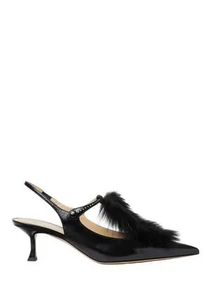 Fendi Calfskin Slingback Pumps With Fox Fur Detail - Black