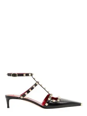 Valentino Garavani Rockstud Pointed Heeled Pumps With Adjustable Ankle Strap - Black