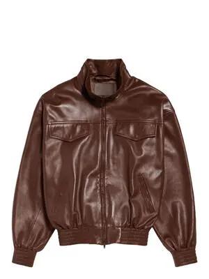 Balenciaga High Collar Leather Bomber Jacket - Casto Color