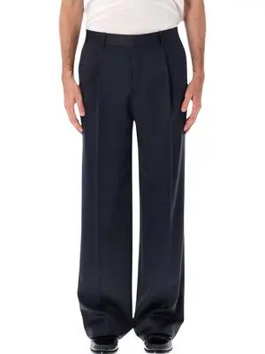 LARDINI Pleated Wool Gabardine Trousers With Single Pleat, Regular Fit & Unfinished Hem - Blu