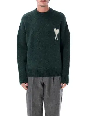 AMI Paris Alpaca Blend Crewneck Sweater With Of Caur Intarsia - Verde
