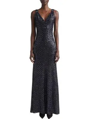 St. John Sequin Embroidered Tulle Gown - Midnight
