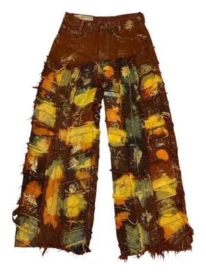 ZASTASTUDIO Red Gold Shredded Denim Wide Leg Pant - Red/yellow