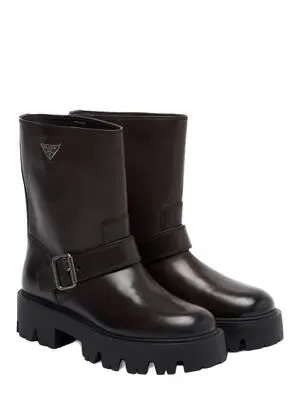 Prada Stride Leather Biker Boots - Brown