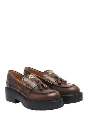 Miu Miu Leather Platform Loafers - Brown