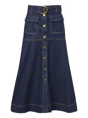 Zimmermann Belted Denim Midi Skirt - Blue