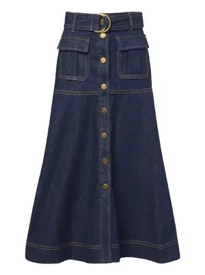 Zimmermann Belted Denim Midi Skirt - Blue