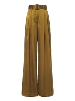 Zimmermann Belted Pleated Silk Wide-leg Pants - Green