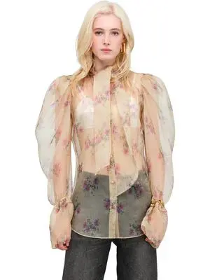 Marc Jacobs Floral Organza Puff Blouse - Cream Multi