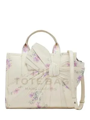 Marc Jacobs Medium Tote Bag In Antique Floral Canvas With Oversized Bow - Cream Multi