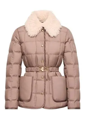 Moncler Cygnes Belted Short Down Jacket With Textured Collar - Brown