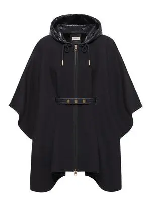 Moncler Padded Wool Blend Cape With Detachable Belt And Hood - Blue