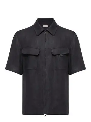 Moncler Linen Twill Short Sleeve Zip-up Shirt - Blue