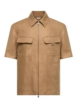 Moncler Linen Twill Short Sleeve Zip-up Shirt - Brown