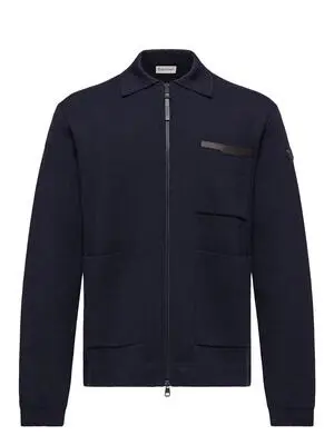 Moncler Leather Logo Wool Zip-up Cardigan - Blue