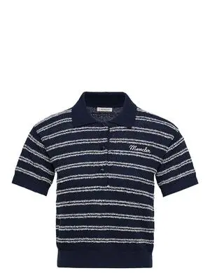 Moncler Cotton Blend Bouclé Crêpe Polo Shirt With Stripes - Blue