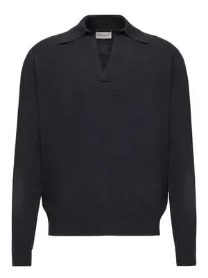 Moncler Wool & Cashmere Long Sleeve Polo Shirt Blue