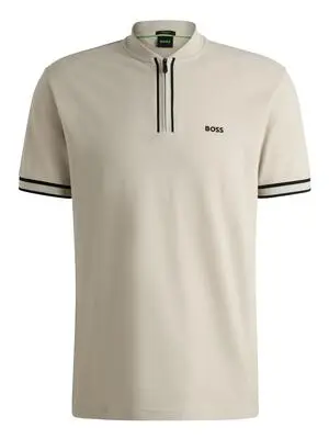 BOSS Zip-neck Polo Shirt In Stretch-cotton Piqu - Light Beige