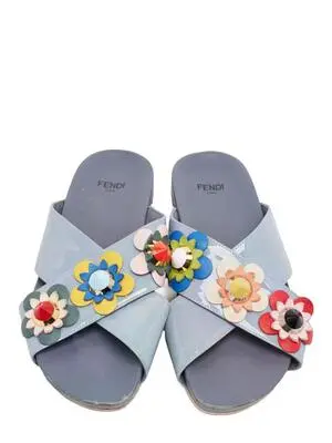 Fendi Fendi Floral Appliqué Patent Leather Flat Sandals Blue