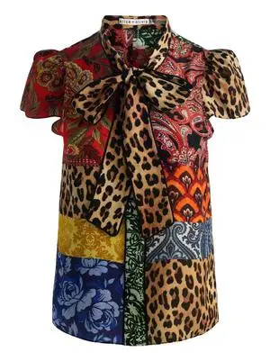 Alice + Olivia Jeannie Patchwork-print Pussy-bow Blouse - Brown