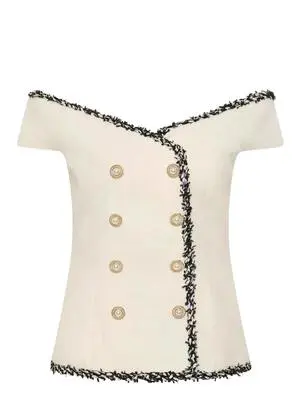 Rebecca Vallance Jacquie Off-the-shoulder Double-breasted Tweed Top - Neutrals