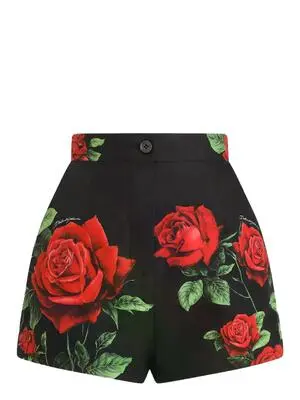 DOLCE & GABBANA Dolce & Gabbana Rose Print Poplin High-Waisted Shorts