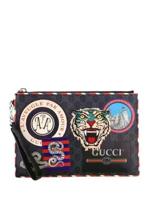 Gucci Gg Coated Canvas Pouch With Applique Clutch Bag - Black