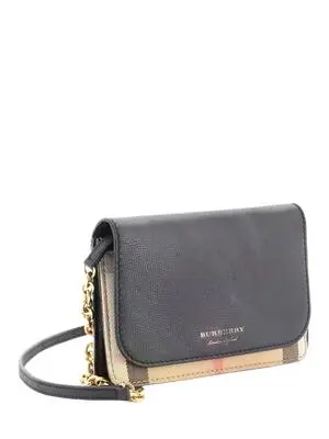 Burberry Hampshire Wallet On Chain Leather And House Check Canvas Crossbody Bag - Black