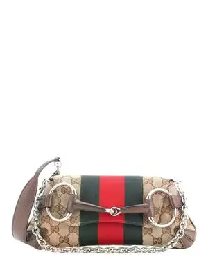 Gucci Horsebit Nm Web Chain Clutch Gg Canvas Small Shoulder Bag - Brown